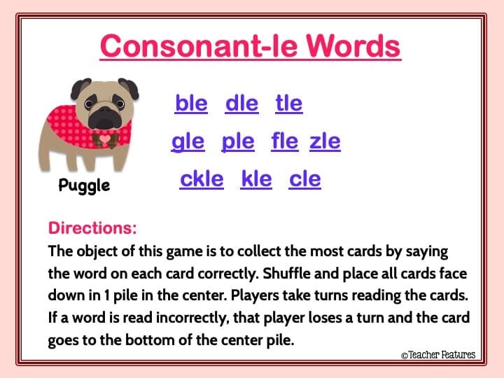 SYLLABLE GAME CONSONANT -LE & Final Stable Syllables with PUGGLE the D